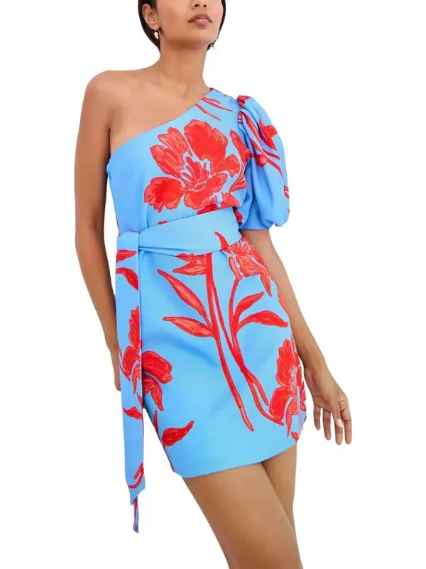 Cara Cara Lucia Floral-print One-shoulder Mini Dress - Blue