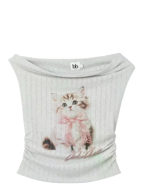 B+AB Ruched T-shirt With Cat Print - Grey