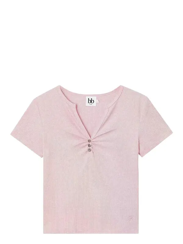 B+AB Ribbed Knit Ruched V-neck T-shirt - Pink