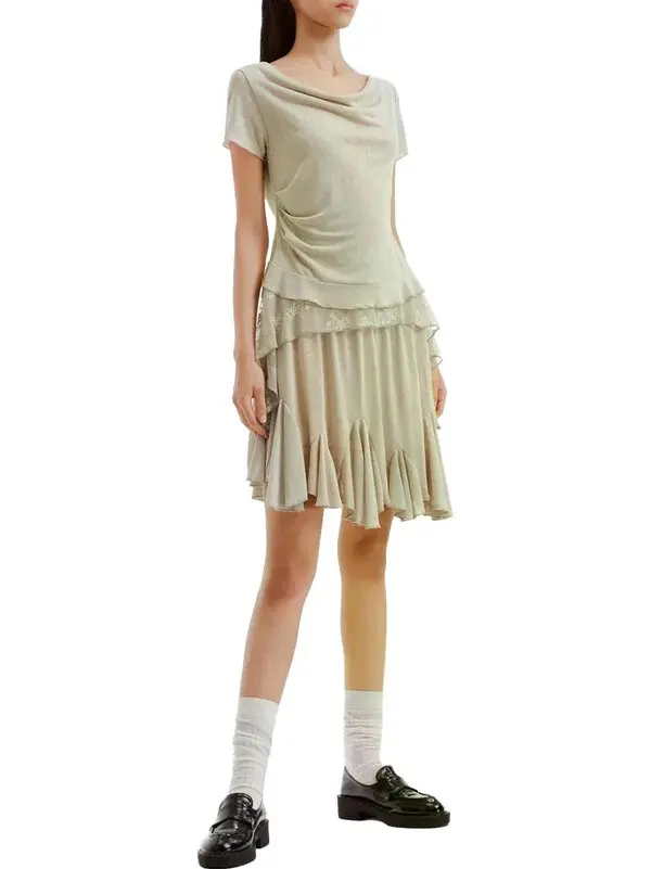 TOUT A COUP Ruffled Lace-trim Mini Dress - Neutrals