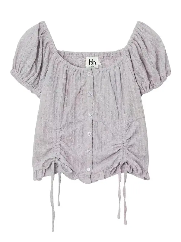 B+AB Ruched Button-front Top With Puff Sleeves - Purple