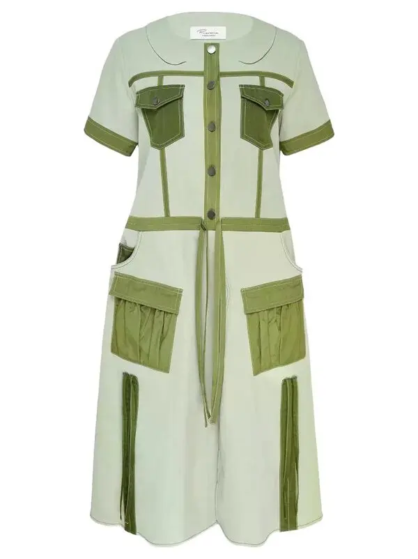 CAROLINE HU Peter Pan Panelled Collar Midi Dress - Green