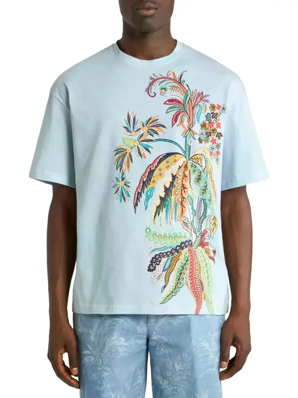 Etro Palm-tree-embroidery T-shirt - Blue