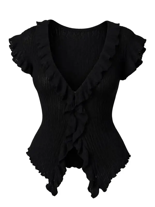 NOCTURNE Ruffled V-neck Sheer Blouse - Black