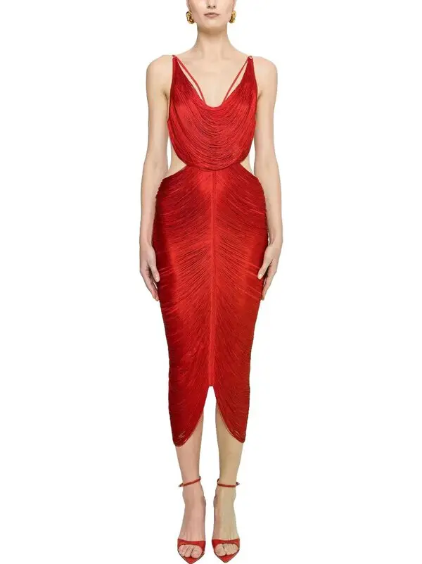NISSA Fringed Cut-out Dress - Red