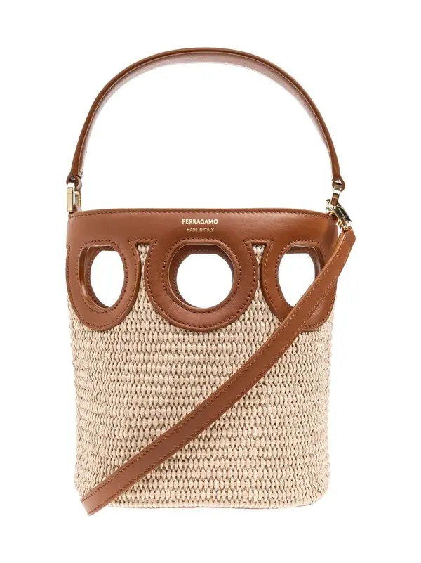 FERRAGAMO Woven Bucket Bag With Leather Details - Beige