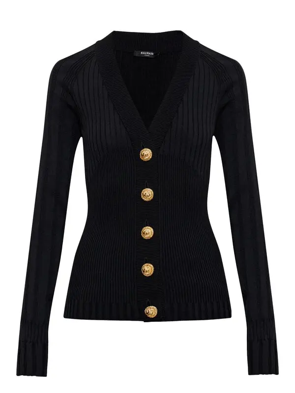 Balmain V-neck Ribbed Cardigan With Lion-embossed Buttons - Black