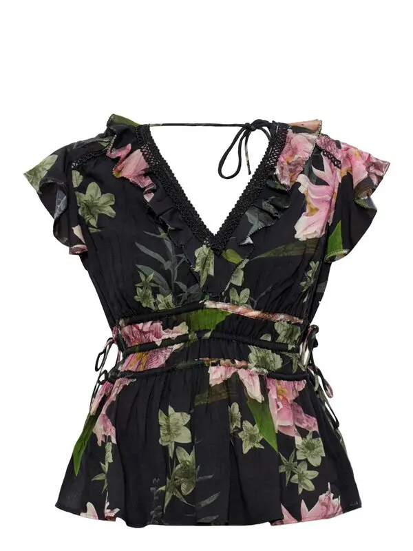 ALLSAINTS Canto Top With Botanical Print And Lace Trim - Black
