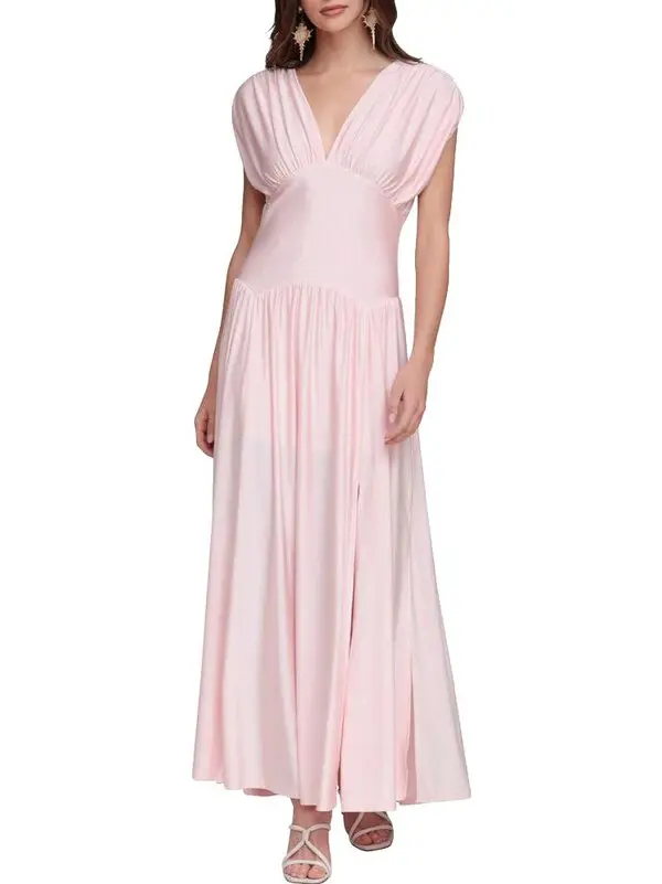 Avec Les Filles Shirred V-neck Maxi Dress With Slit - Baby Pink