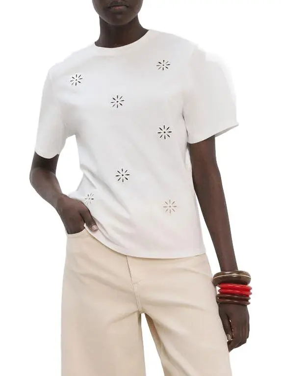 Mango Cotton Embroidered T-shirt - White