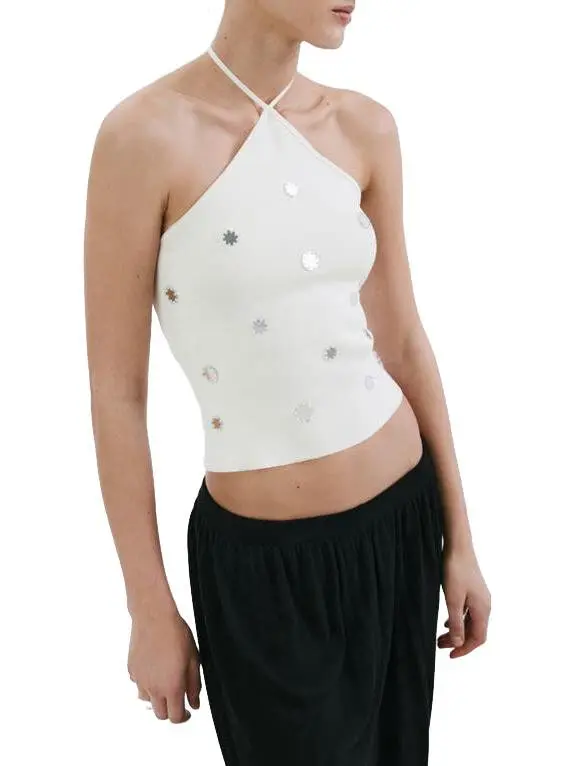 Mango Metallic Appliqué Halter Top - White