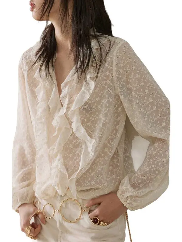 Mango Ruffle Detail Embroidered Top - Ecru