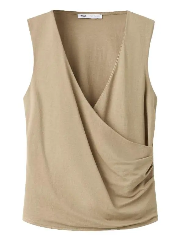 Mango Ruched Faux Wrap Sleeveless Top - Brown