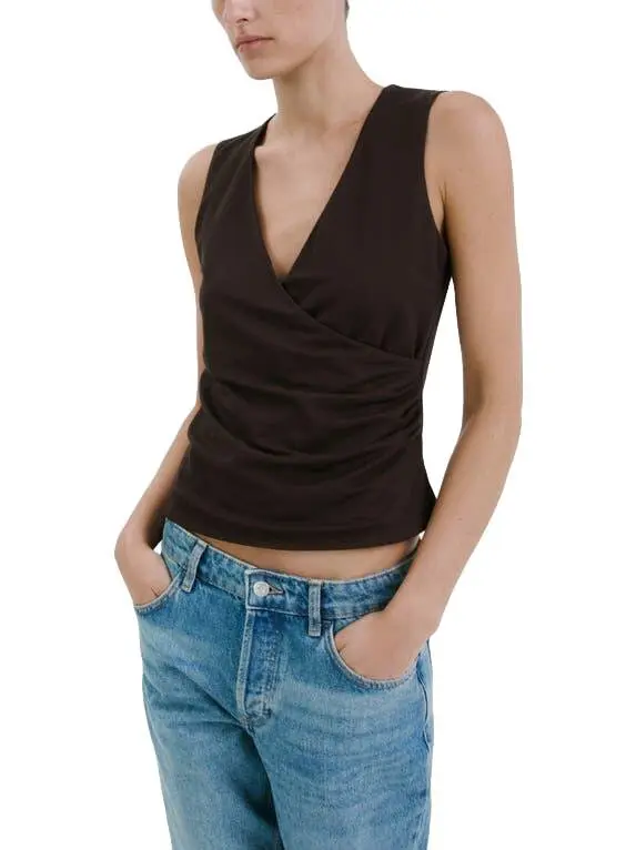 Mango Ruched Faux Wrap Sleeveless Top - Medium Brown