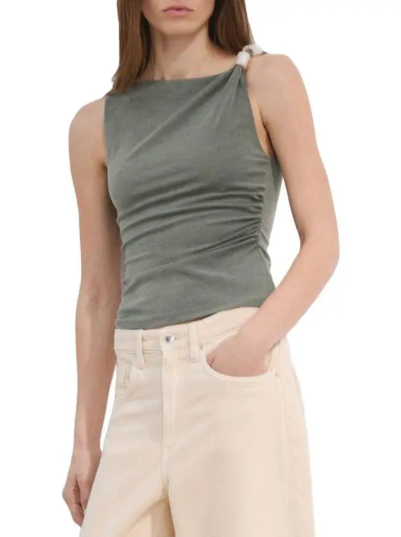 Mango Asymmetrical Bead Strap Ruched Knit Top - Green