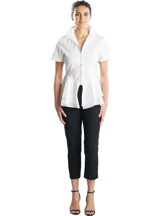 Natori Cotton Poplin Tiered Hem Short Sleeve Shirt - White