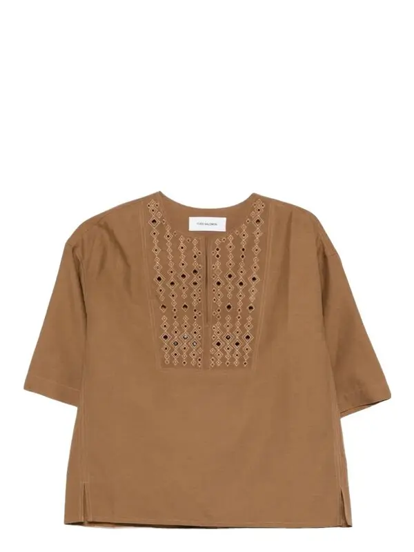 YVES SALOMON Diamond Cut-out Short Sleeve Top - Brown
