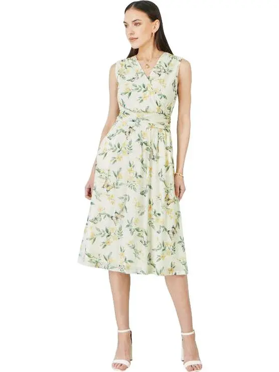 YUMI Floral Print Mesh Stretch Midi Dress - Ivory
