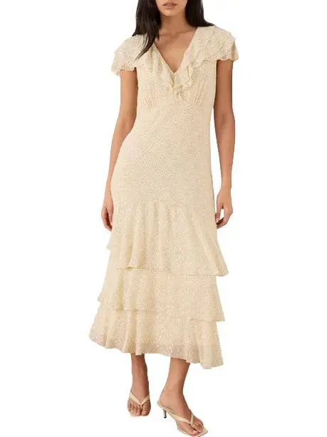 Mint Velvet Ruffled Printed Midi Dress - Yellow