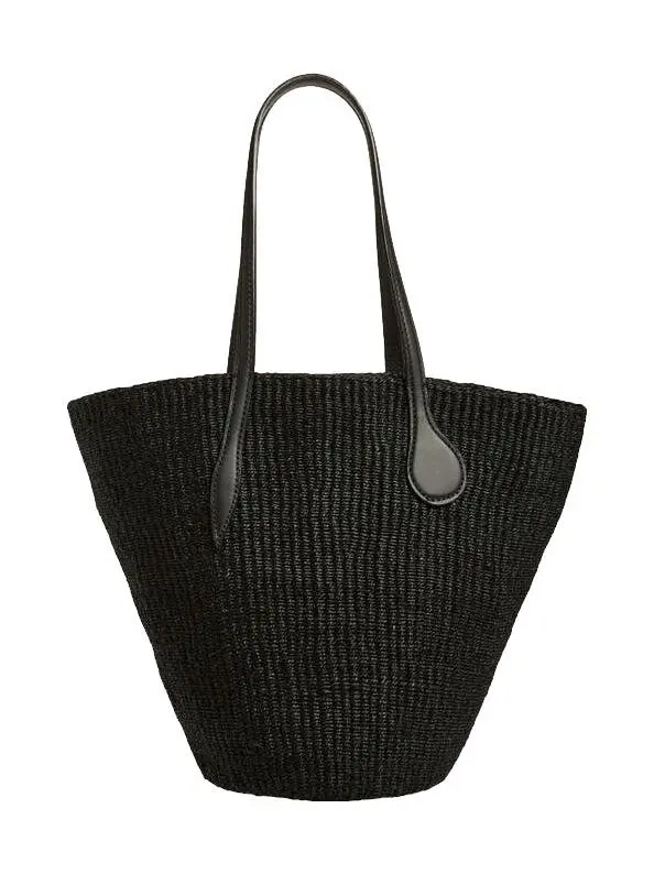 LIFFNER Straw Basket Tote With Geometric Leather Handles - Black