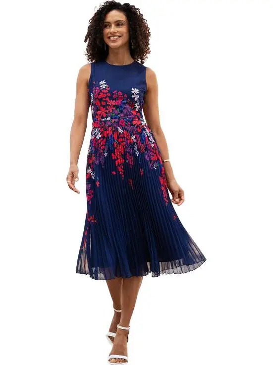 YUMI Printed Pleated Midi Dress - Navy