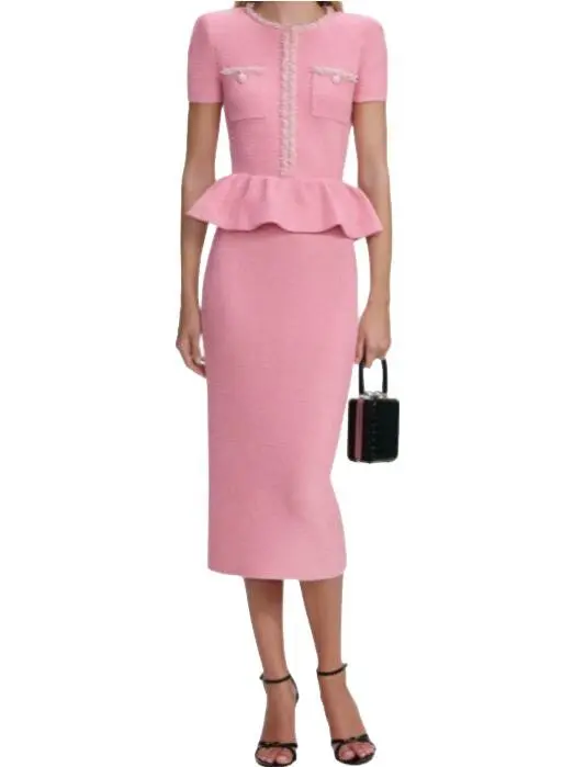 SELF-PORTRAIT Peplum Midi Dress With Button Closure And Removable Shoulder Pads - Pink