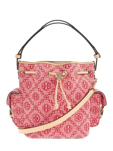 Tory Burch T Monogram Denim Bucket Bag - Brilliant Red