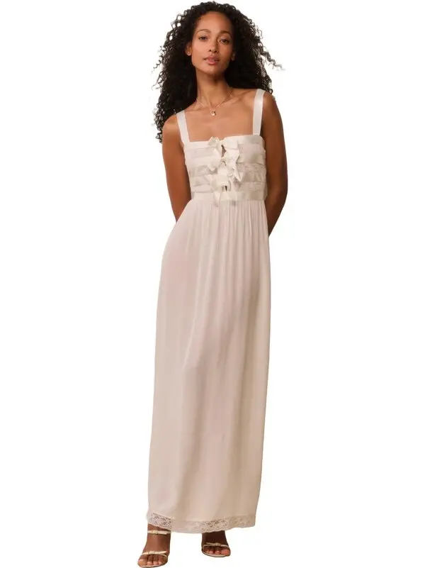 LoveShackFancy Lovelace Banded Bow Sheer Maxi Dress - Cream