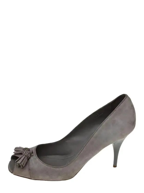 TOD'S Embellished Suede Peep-toe Pumps With Fringe - Grey