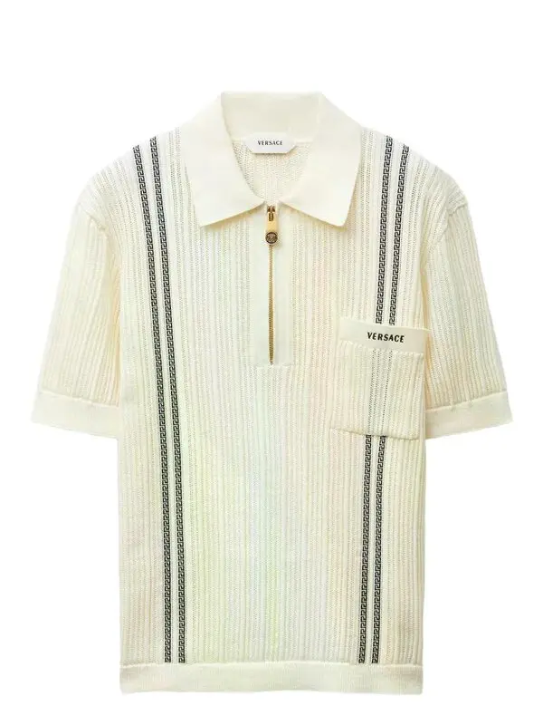 Versace Embroidered-logo Cotton Knit Polo Shirt - Neutrals