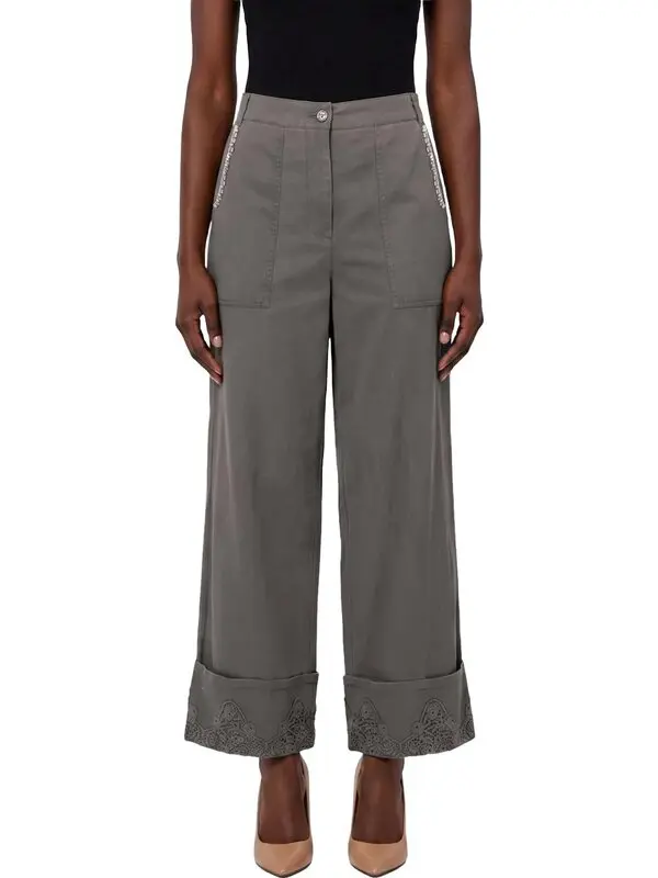 Liu Jo Embroidered Cuffed Wide-leg Trousers - Green
