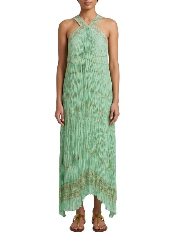 Alberta Ferretti Pleated Maxi Dress With Embellished Neckline - Green
