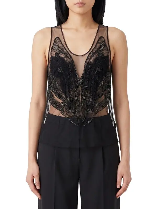 Elisabetta Franchi Embellished Mesh Top - Black