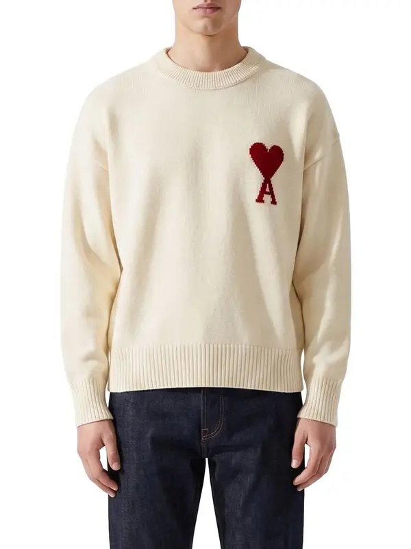 AMI Paris Wool Turtleneck Jumper With Jacquard Logo And Dropped Shoulders - Ecru