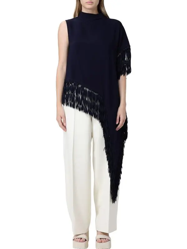 BOSS Asymmetrical Draped Top With Fringe Detail - Blue