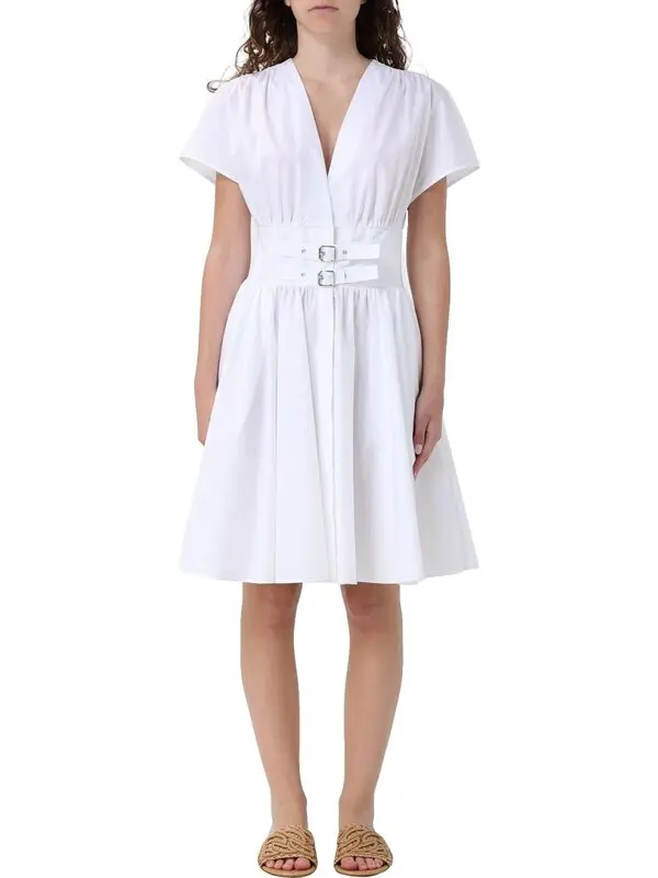 MEIMEIJ Belted V-neck Short Sleeve Midi Dress - White