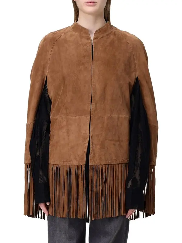 Federica Tosi Suede Cape Jacket With Fringe And Lace - Brown