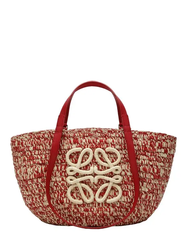 Loewe Eclipse Medium Basket Bag In Raffia And Leather - Red