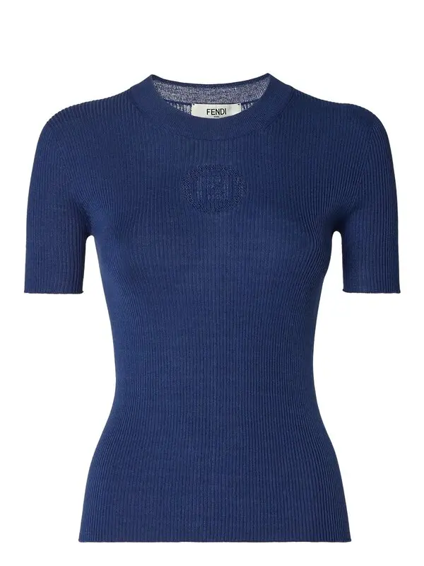 Fendi Ribbed Cotton Jumper With Stamp Motif - Blue