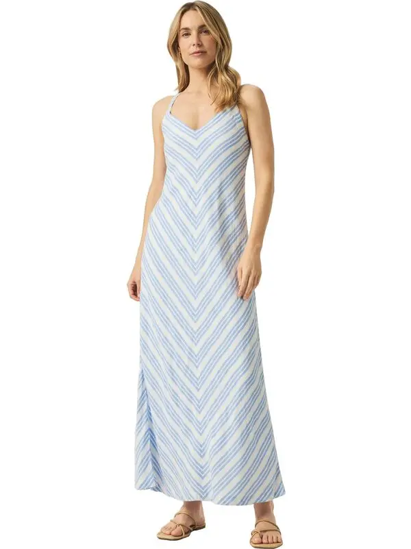Splendid Gisele Midi Dress With V-neck And Tie Back Straps - Steel Blue/white