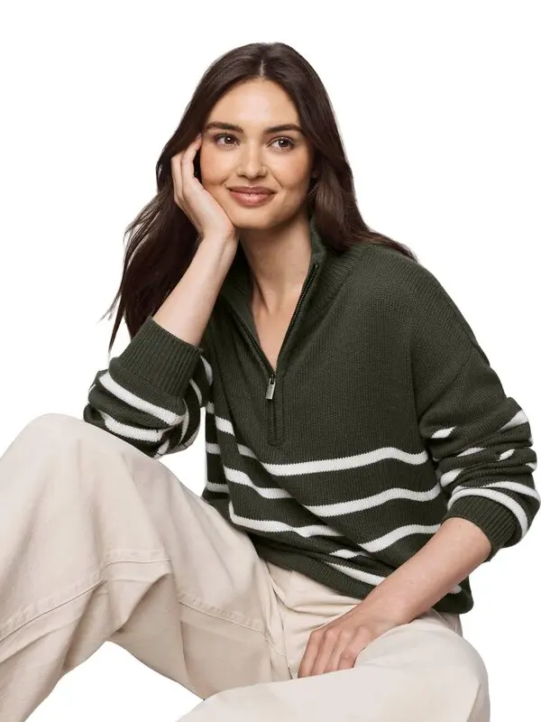 Splendid Georgie Stripe Quarter Zip Sweater - Green Spruce/oak