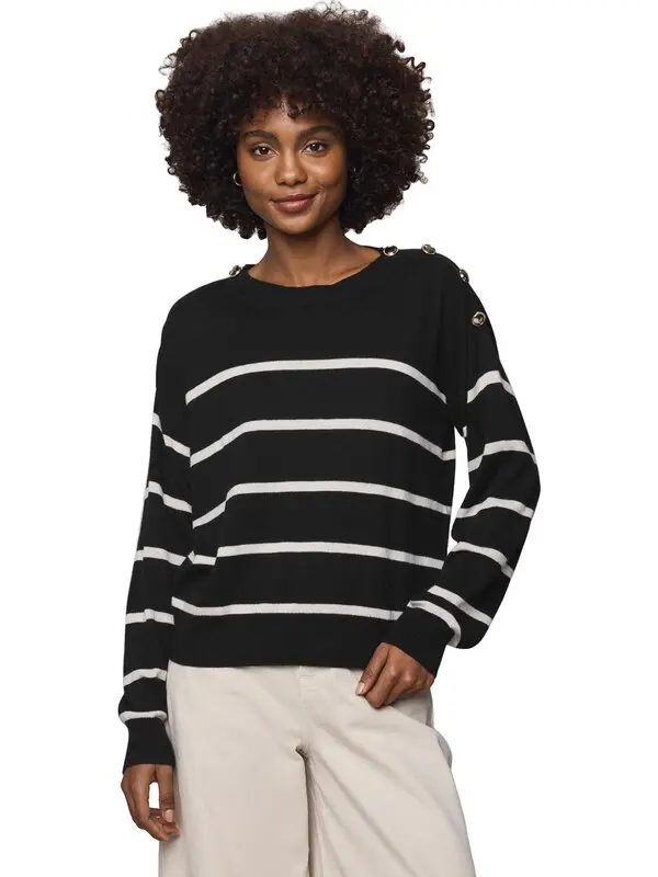 Splendid Stephanie Stripe Sweater With Gold-tone Shoulder Buttons - Black/pale Oak