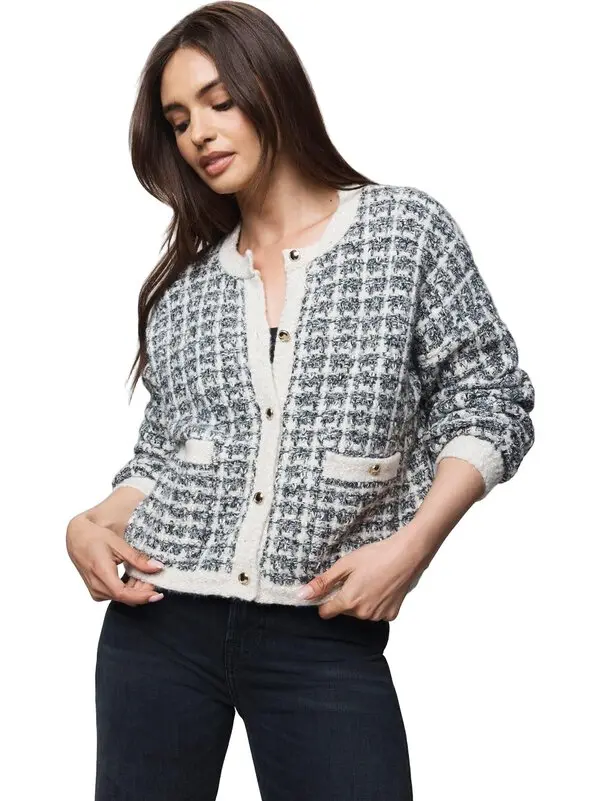 Splendid Lisette Textured Knit Cardigan With Metallic Accents - Black Plaid