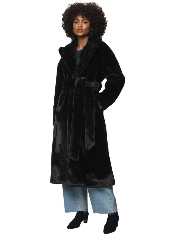 Splendid Lucia Long Faux Fur Coat With Leopard Print Lining - Black