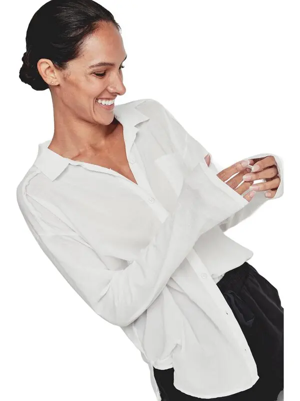 Splendid Paige Shirt Woven Front With Knit Sleeves - White