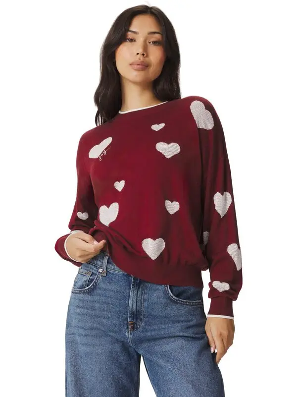 Splendid All-over Heart Print Crewneck Sweater With 'joy' Embroidery - Whipped Mauve/cherry On Top