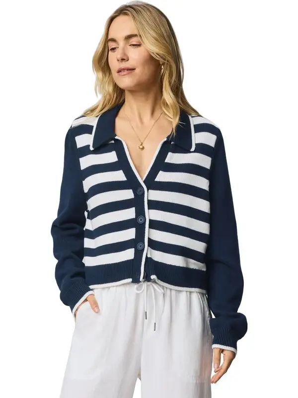 Splendid Nicolette Striped Polo Cardigan - Navy/white