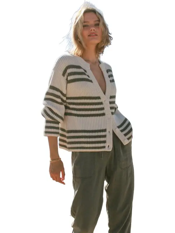 Splendid Alexandra Stripe Cardigan - Moonstone/soft Vintage Olive Branch