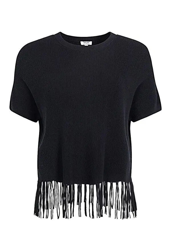 Splendid X @cellajaneblog Short Sleeve Knit Sweater With Fringe Hem - Black
