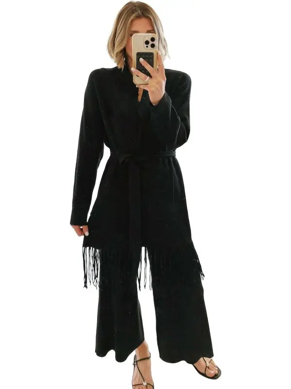 Splendid X @cellajaneblog Ribbed Knit Fringe Cardigan - Black